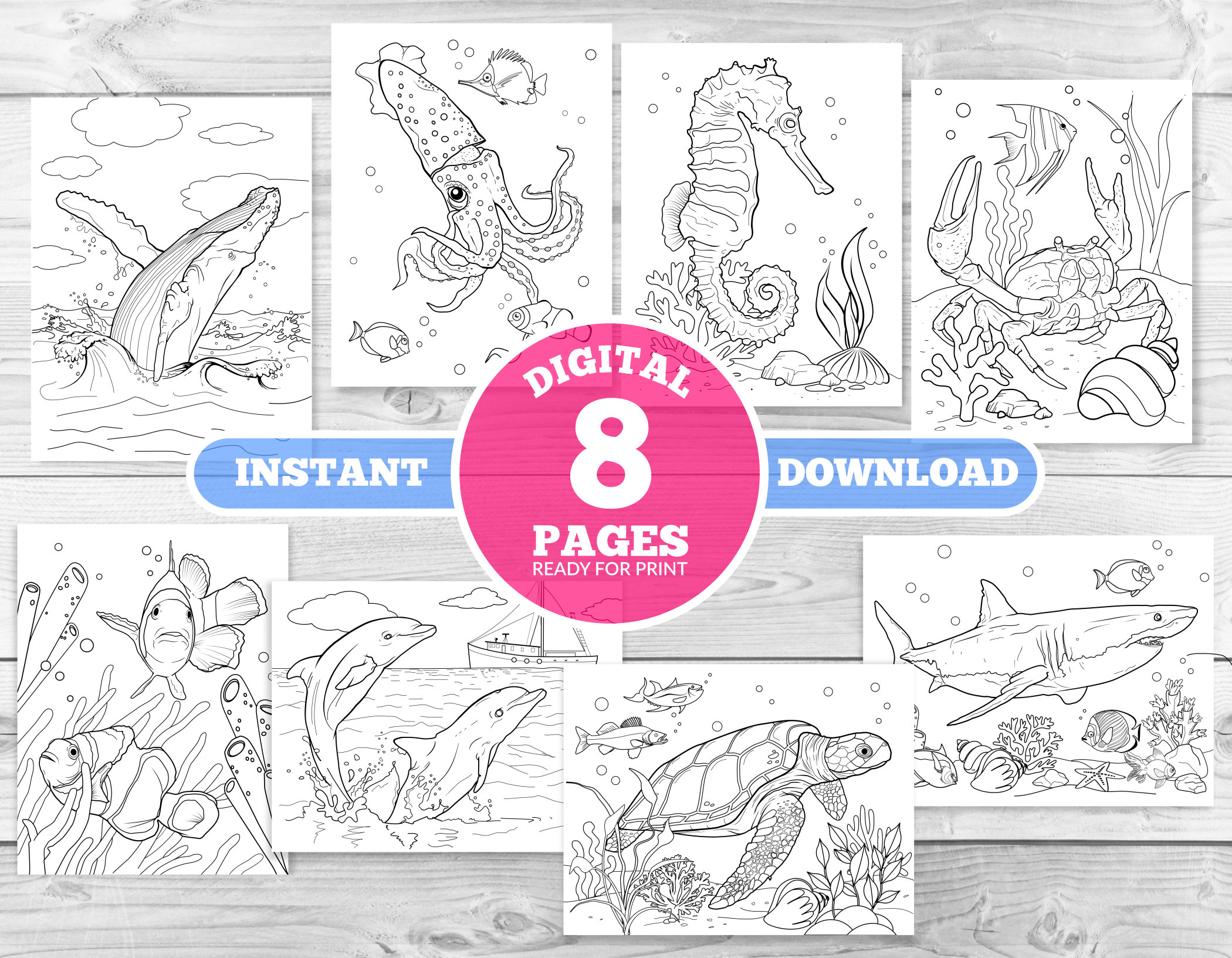 8 Digital Coloring Pages for Kids Sea Creatures, Sea Animals, Tropical ...