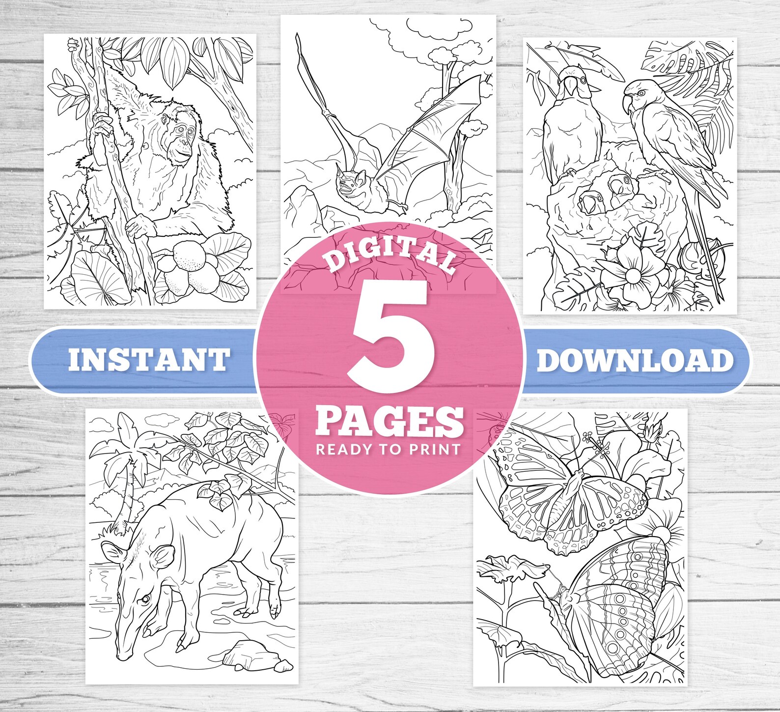 5 coloriages numériques imprimables pour enfants, animaux de la jungle ...