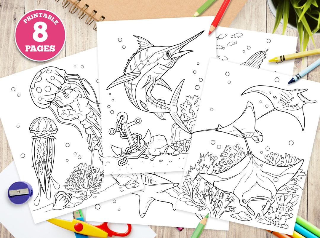 8 Digital Printable Coloring Pages for Kids Sea Creatures, Sea Animals ...