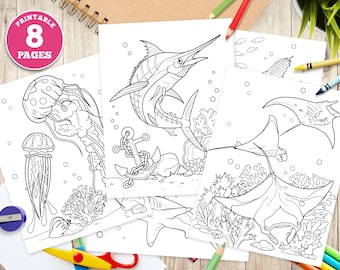 24 Digital Coloring Pages for Kids Sea Creatures Sea Animals | Etsy