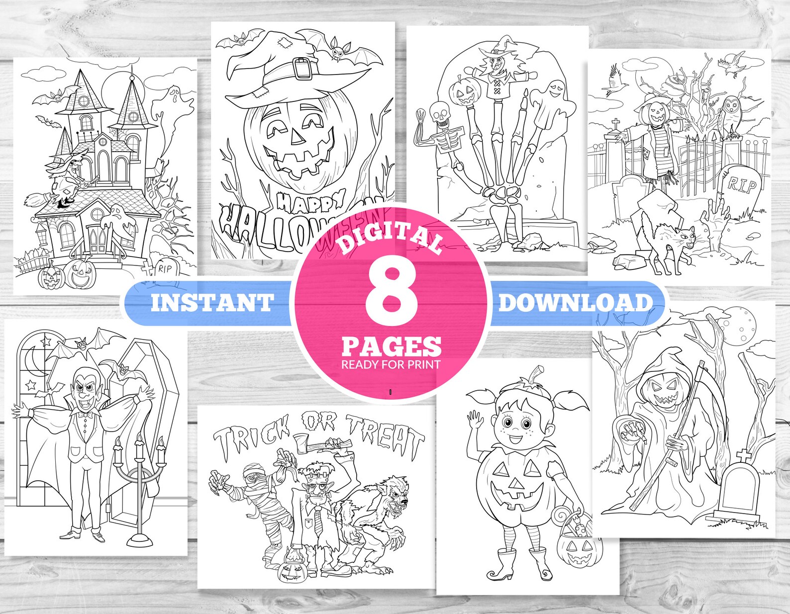 Halloween 8 Digital Coloring Pages for Kids, Printable Pdf, Instant ...