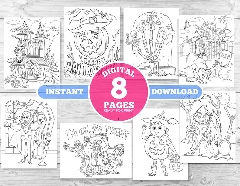 Halloween Coloring Pages for Kids, Hand Drawn Designs (printable PDF ...