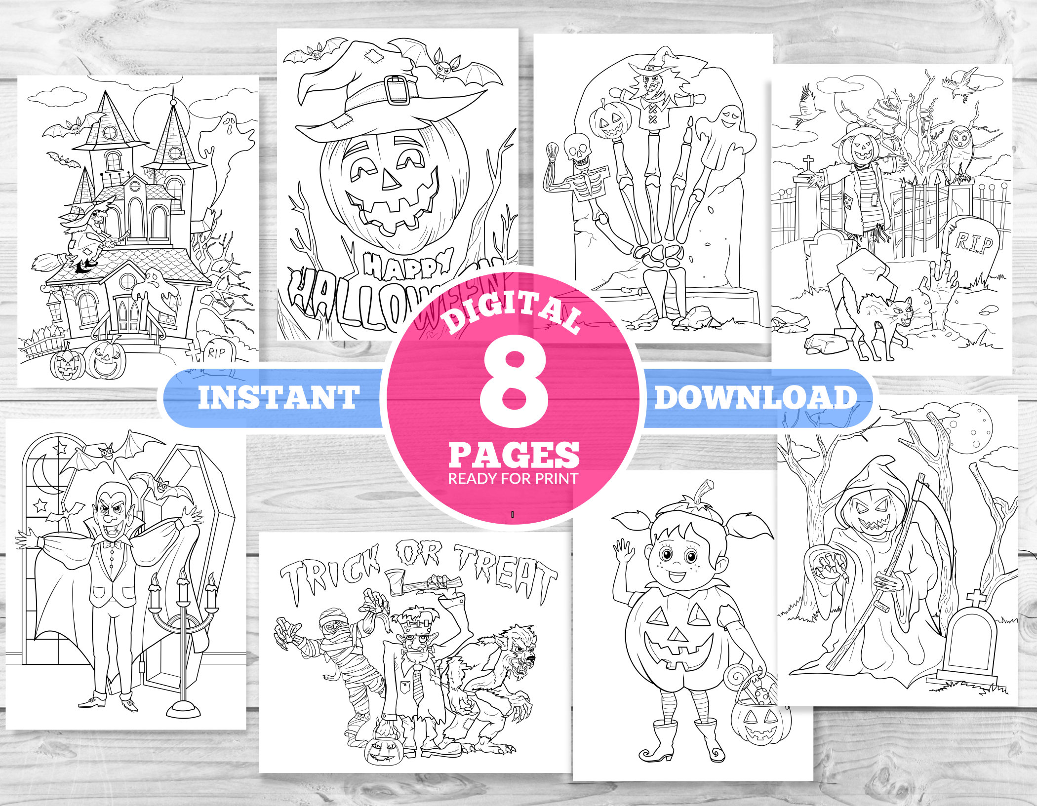 Halloween 8 Digital Coloring Pages for Kids, Printable Pdf, Instant ...