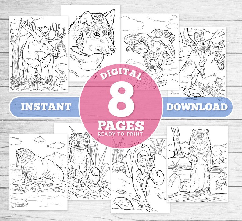 8 Pack - Printable Digital Coloring Pages for Kids. Alaska Wild Animals ...
