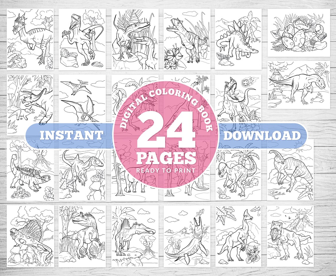 Prehistoric Dinosaurs Coloring Book, Digital Printable Pages, Pdf ...