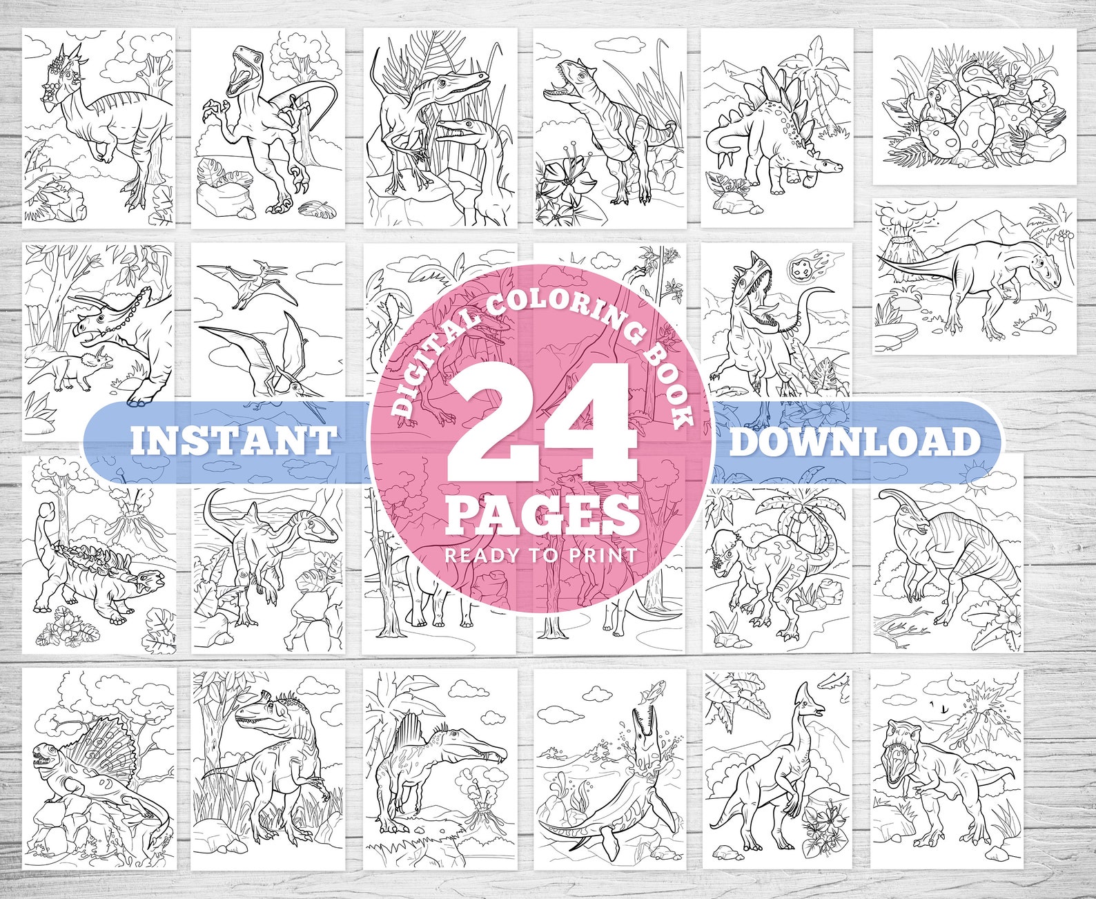 Prehistoric Dinosaurs Coloring Book, Digital Printable Pages, Pdf ...