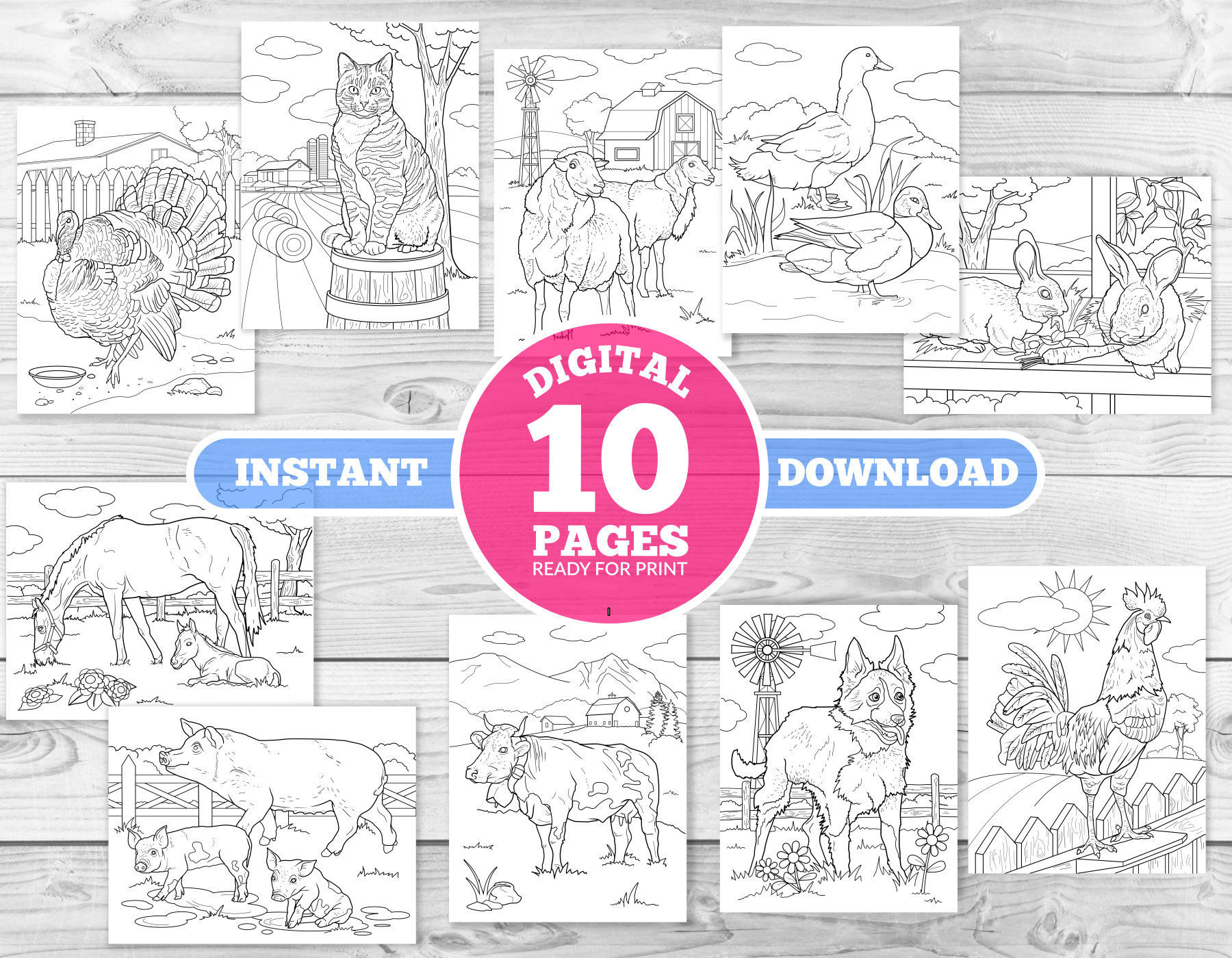 10 Printable Digital Coloring Pages for Kids Farm Animals, Instant ...