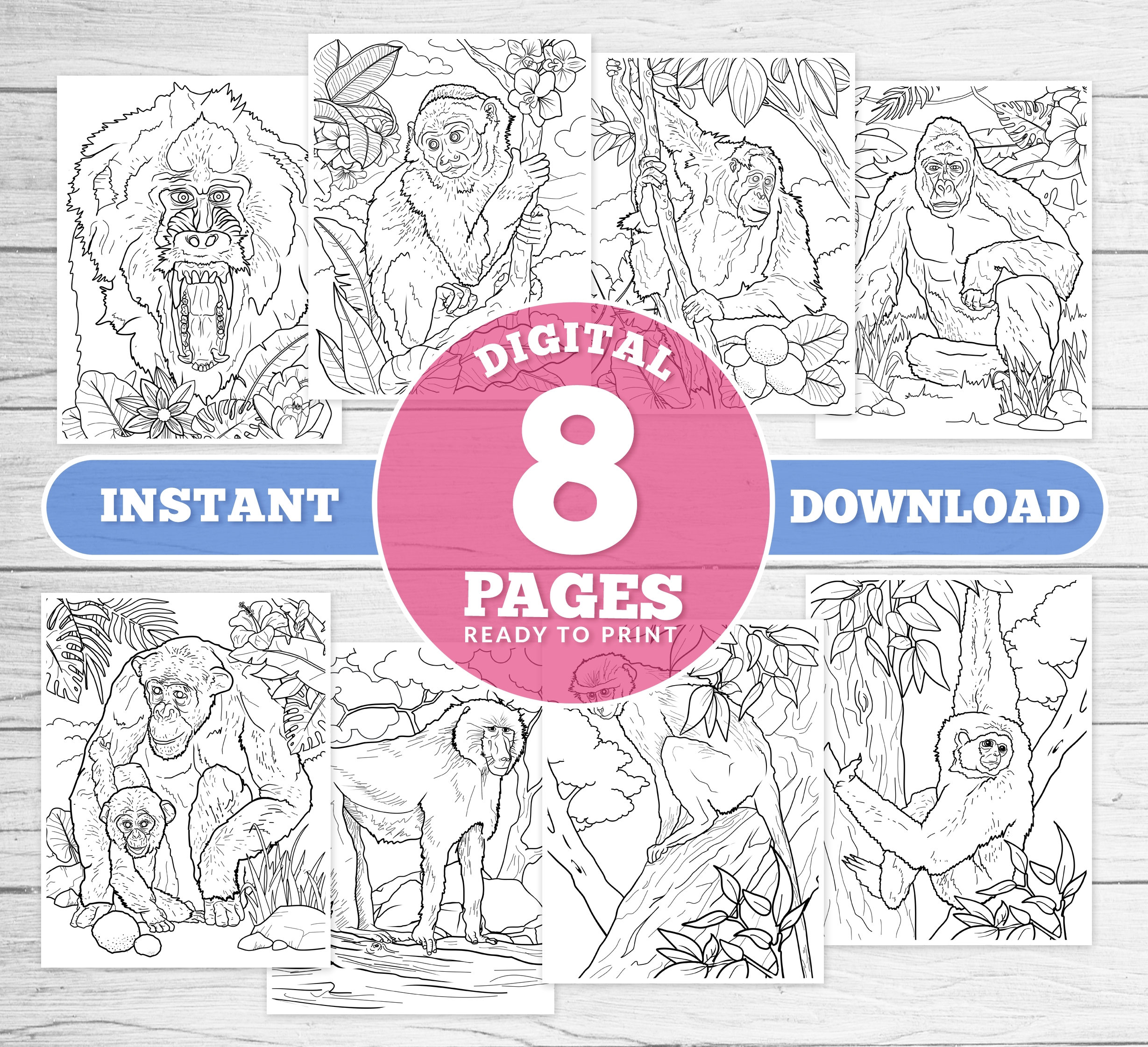 Monkeys - 8 Printable Digital Coloring Pages for Kids, Unique ...