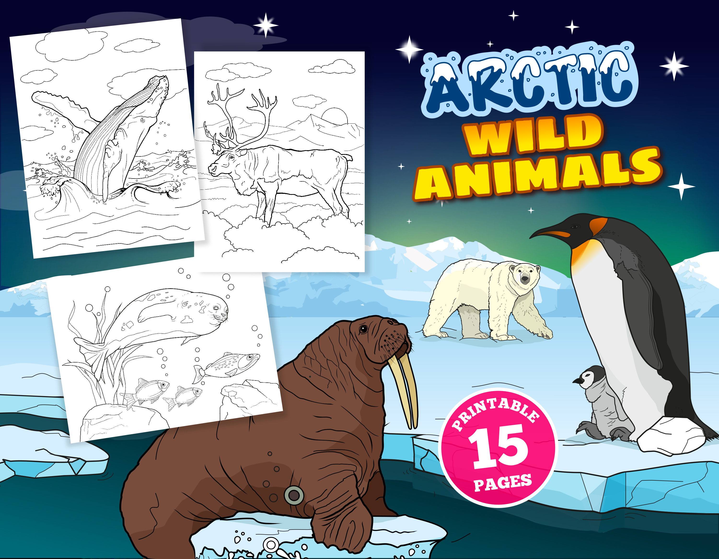 15 Digital Coloring Pages for Kids Arctic Wild Animals, Pdf, Underwater ...