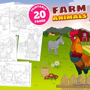 20 Digital Printable Coloring Pages for Kids Farm Animals, Instant ...