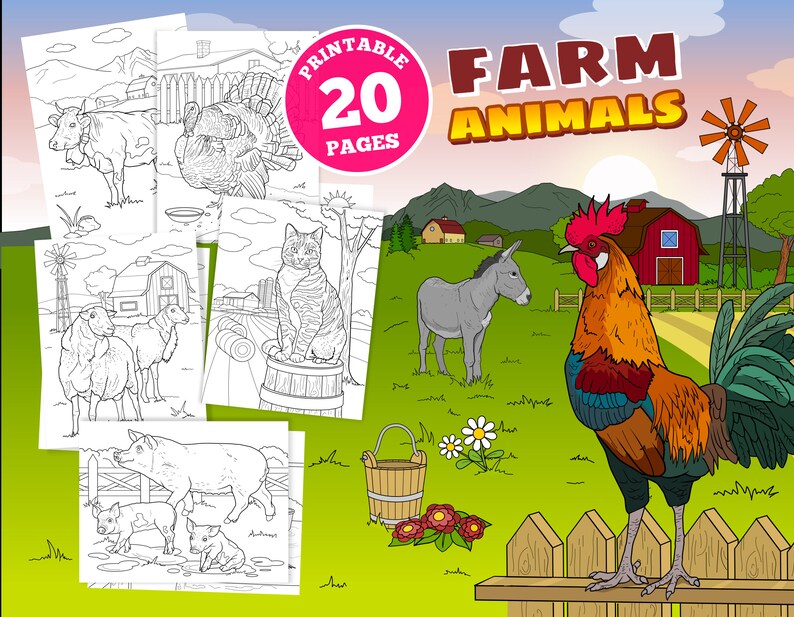 20 Digital Printable Coloring Pages for Kids Farm Animals, Instant ...