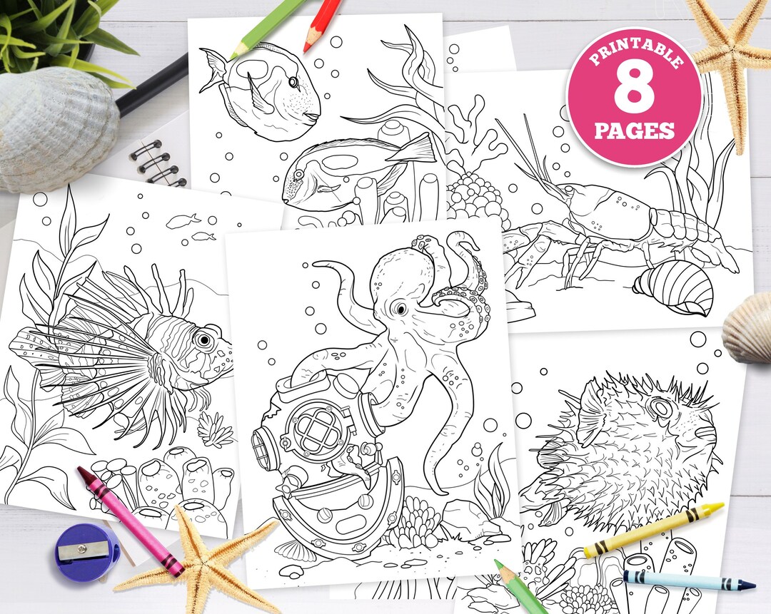 8 Digital Coloring Pages for Kids Sea Cretures, Sea Animals, Underwater ...
