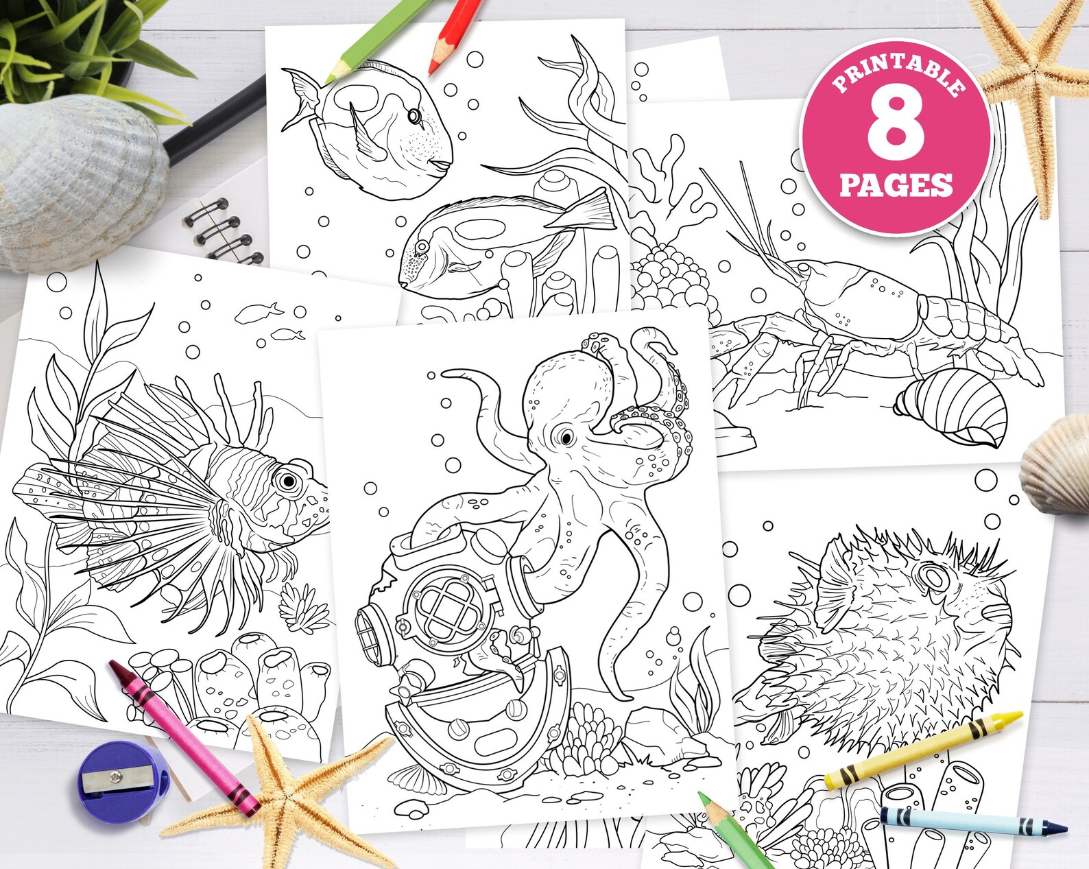8 Digital Coloring Pages for Kids Sea Cretures, Sea Animals, Underwater ...