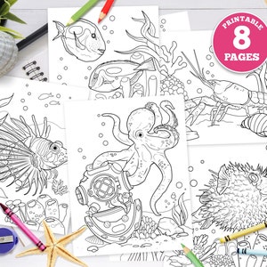 8 Digital Coloring Pages for Kids Sea Cretures, Sea Animals, Underwater ...