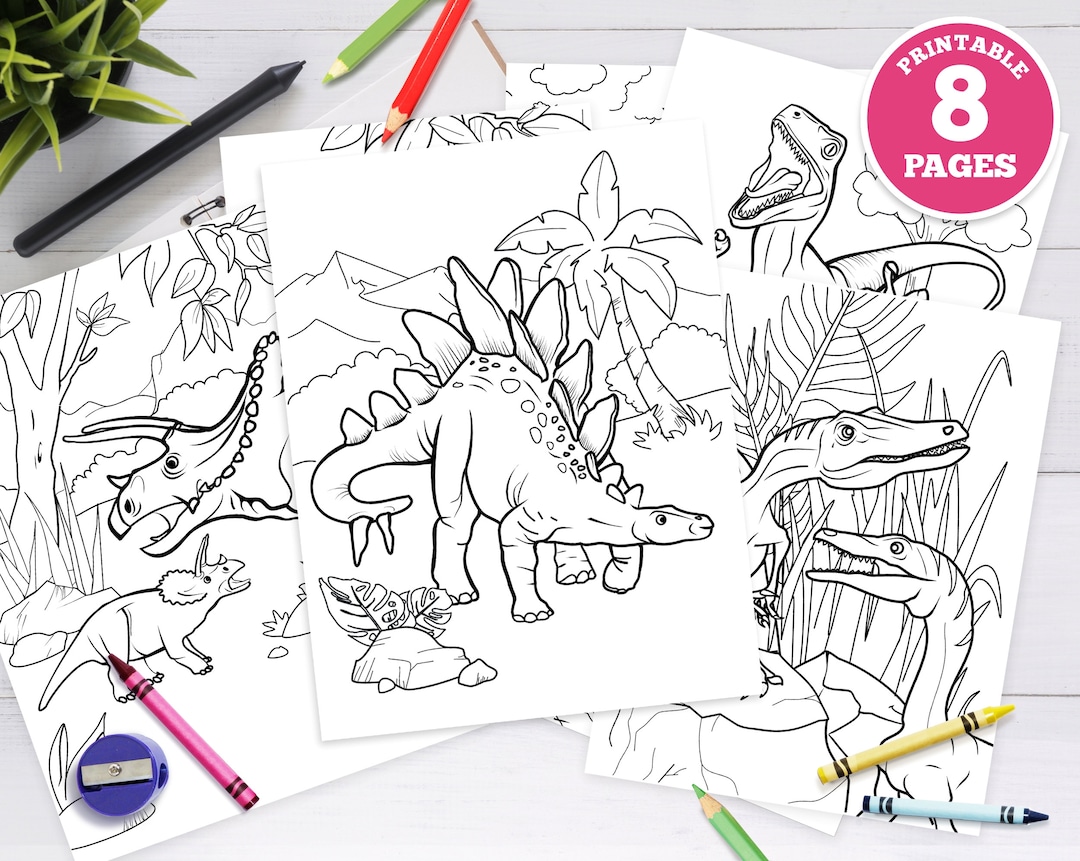 8 Printable Digital Coloring Pages for Kids, Prehistoric Dinosaurs ...