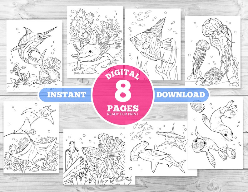 8 Digital Printable Coloring Pages for Kids Sea Creatures, Sea Animals ...