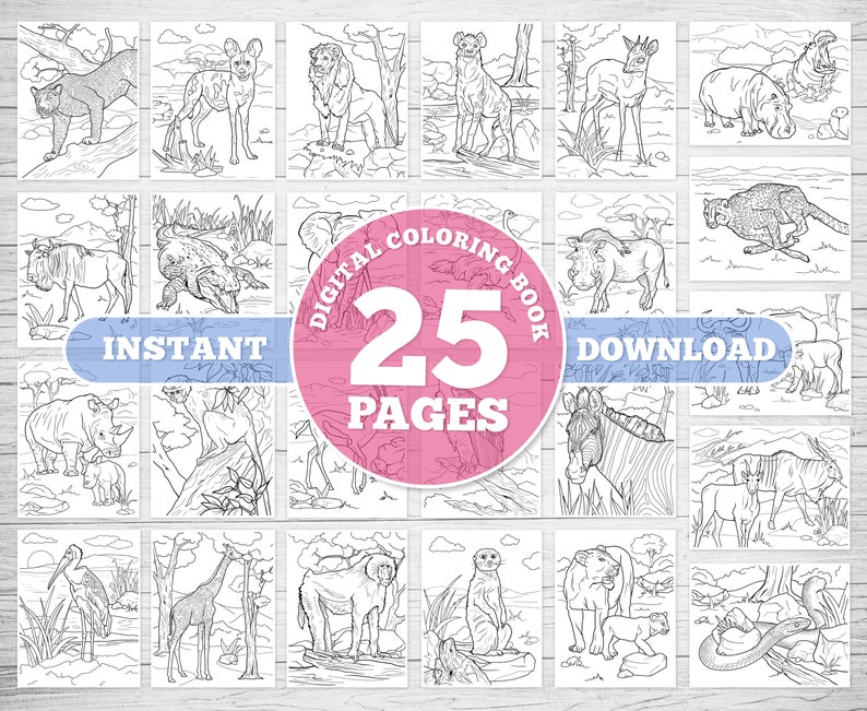 25 Printable Digital Coloring Pages for Kids, African Wild Animals ...