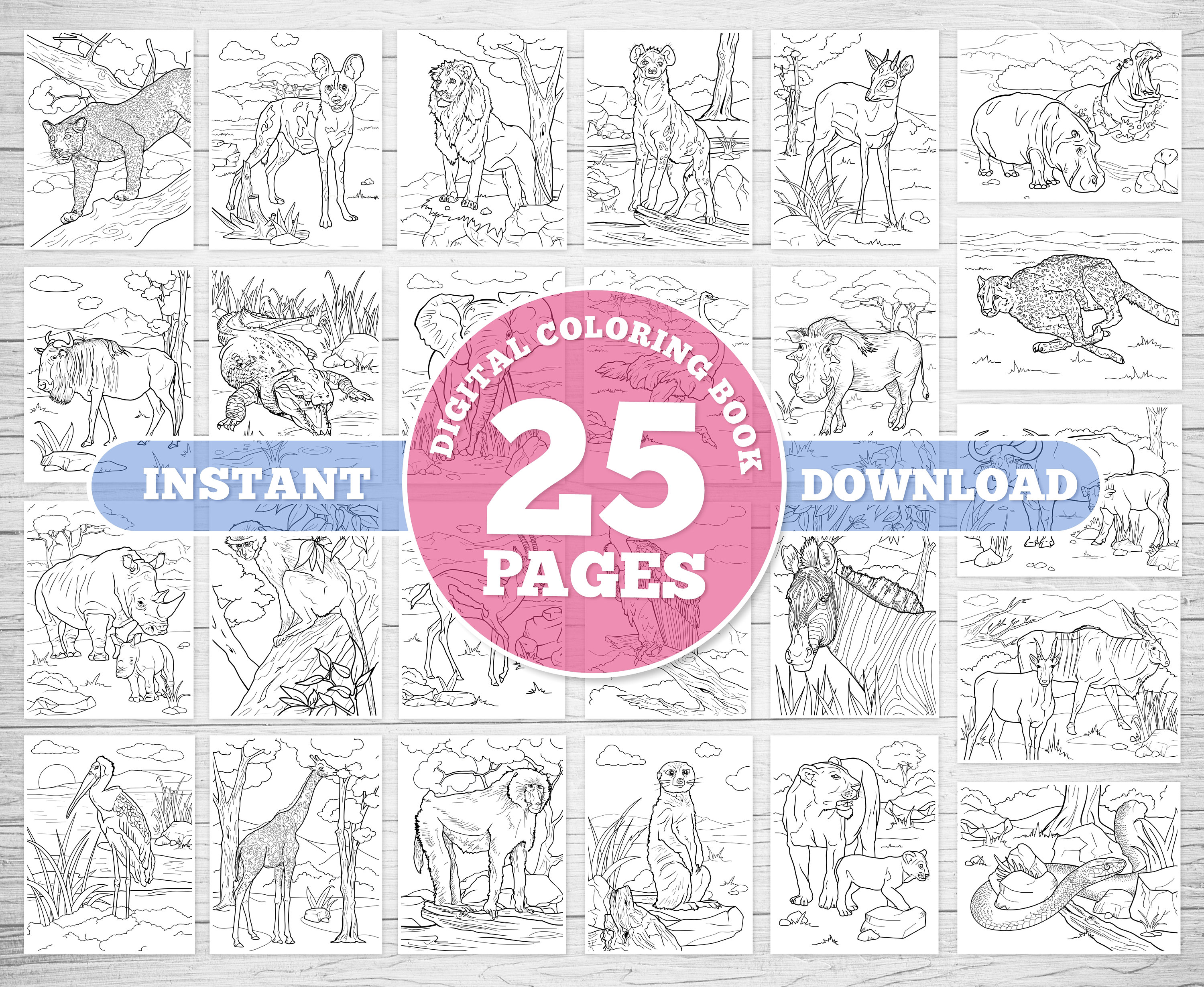 25 Printable Digital Coloring Pages for Kids, African Wild Animals ...
