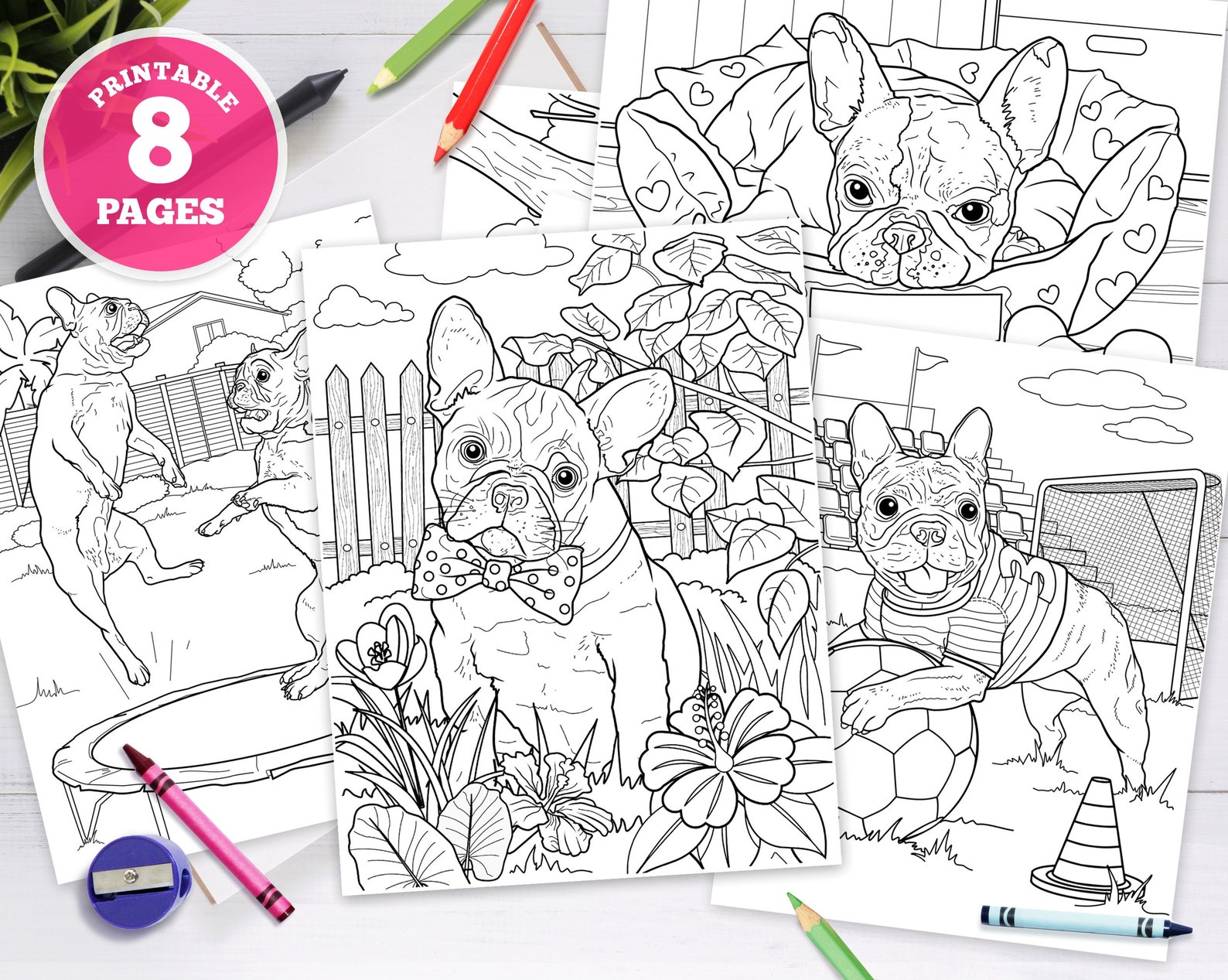 8 Pack - French Bulldogs Coloring Pages, Pdf,printable, Frenchies, Dog ...