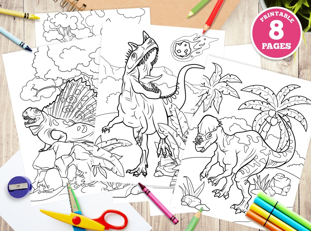 Dinosaur Coloring Pages for Kids, 8 Printable Illustrations (digital ...