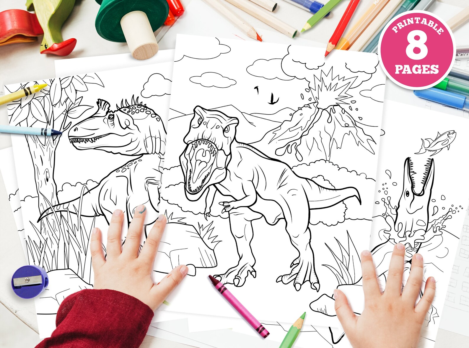 8 Printable Digital Coloring Pages for Kids, Prehistoric Dinosaurs ...