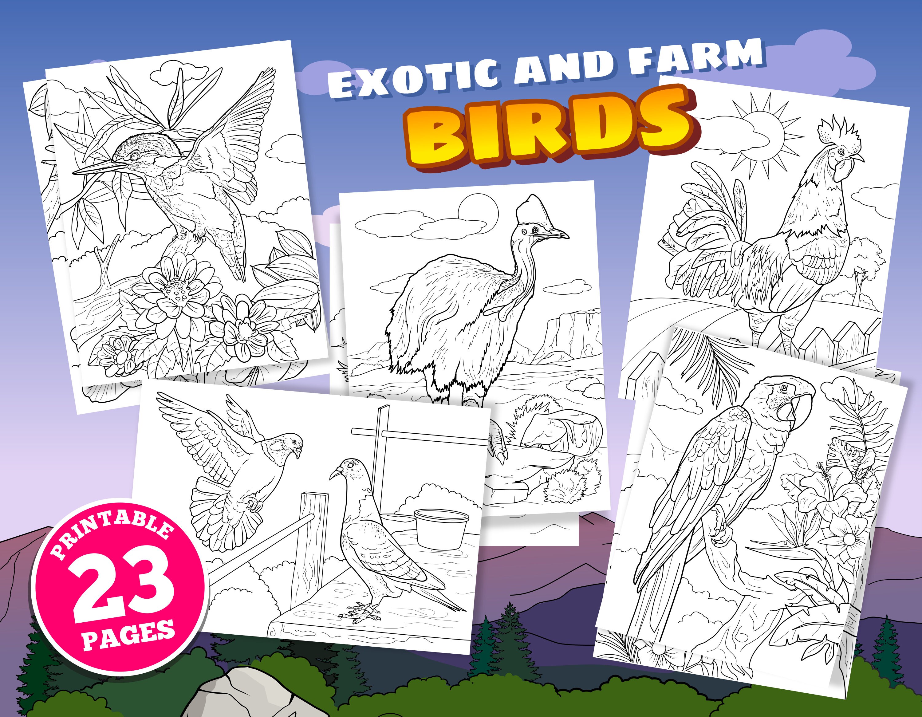 23 Digital Coloring Pages for Kids Exotic and Farm Birds, Parrots ...