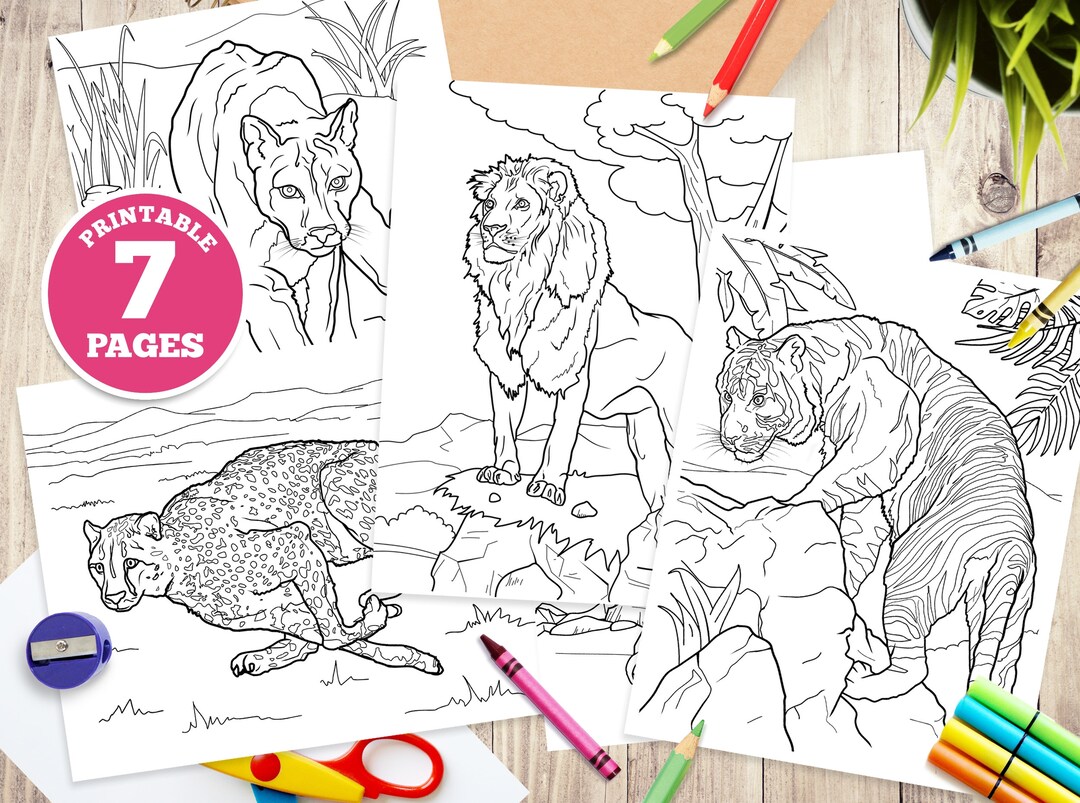 7 Printable Coloring Pages for Kids, Big Cats, Unique Illustrations ...