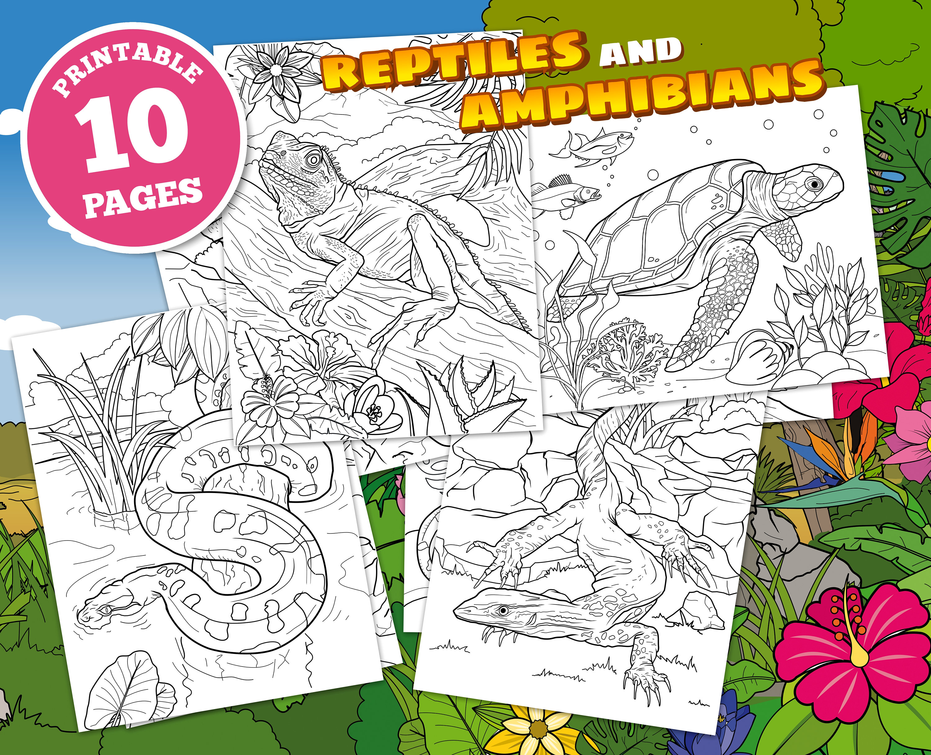 Reptiles and Amphibians Digital Coloring Pages for Kids, Lizards ...