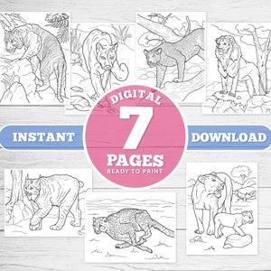 7 Printable Coloring Pages for Kids, Big Cats, Unique Illustrations ...