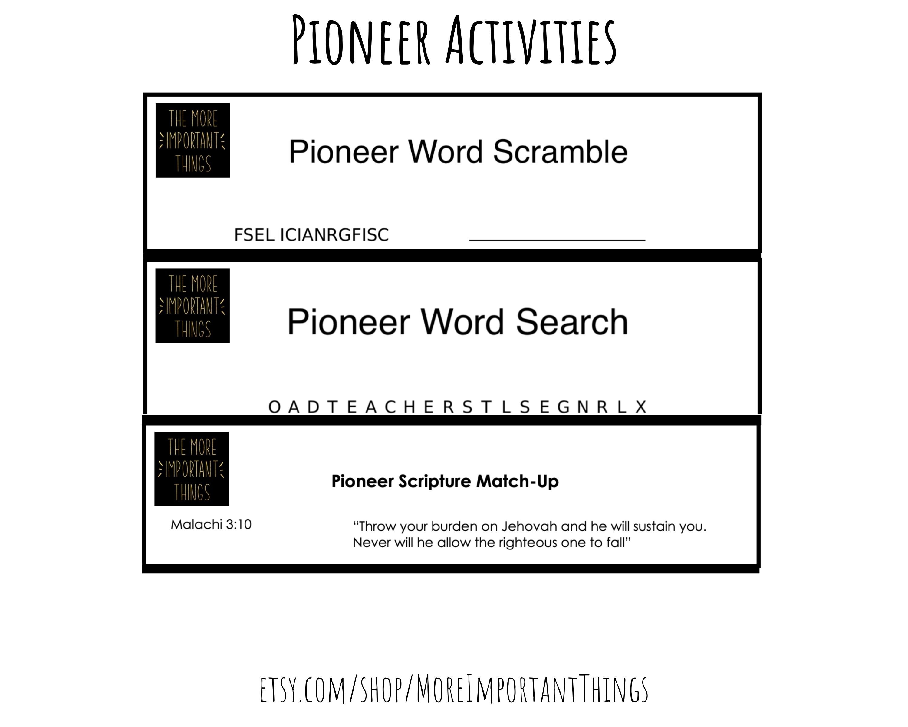 Pioneer Word Search, Word Scramble, and Scripture Match up Activities ...