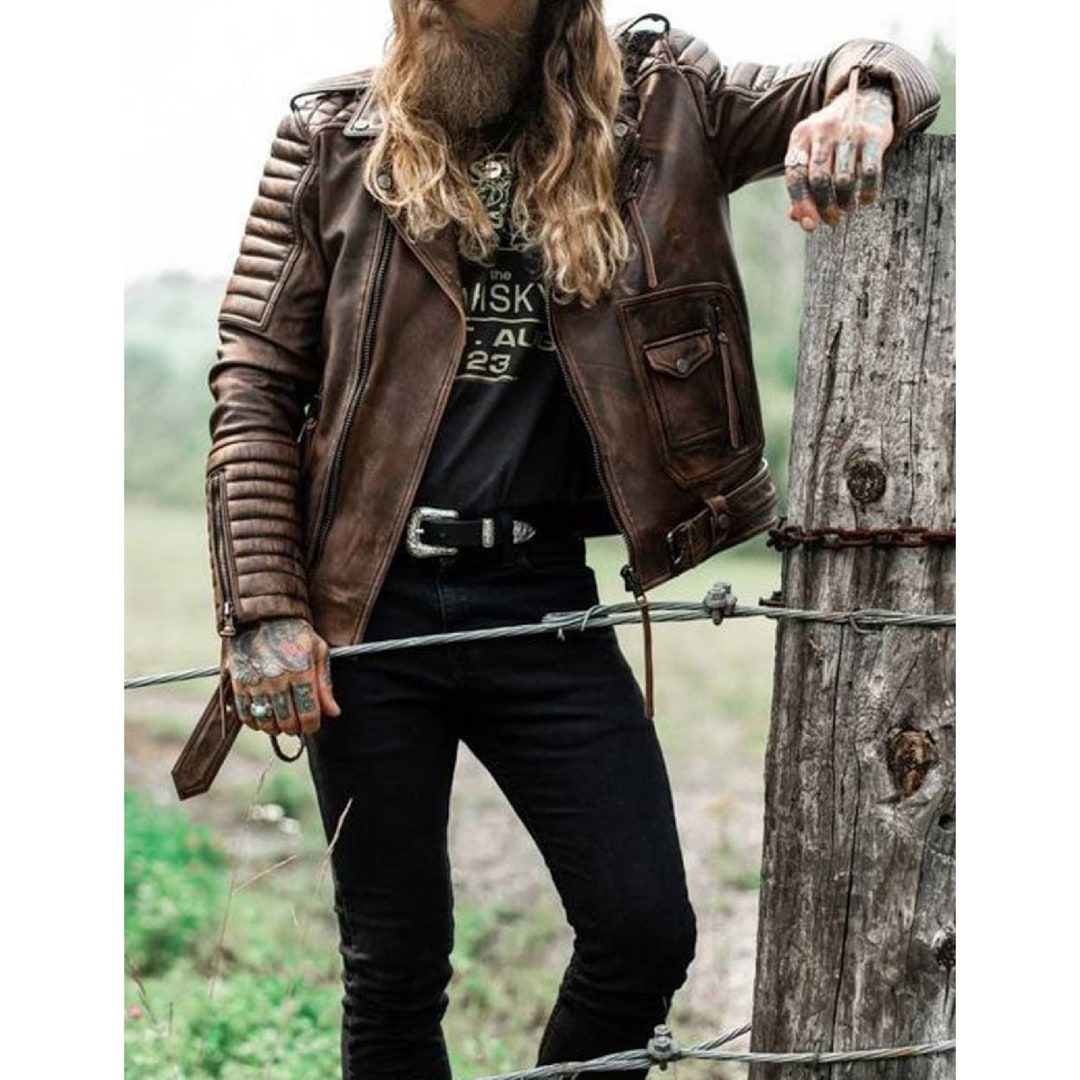 Men's Handmade Brown Quilted Motorcycle Leather Jacket Distressed Real ...