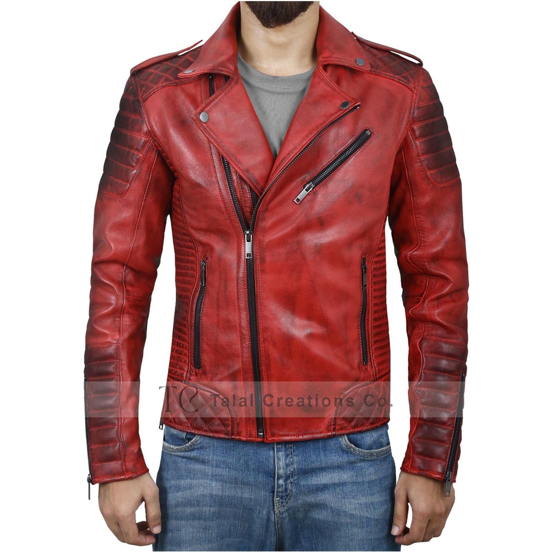 Men's Handmade Red Distressed Biker Leather Jacket, Red Lambskin ...