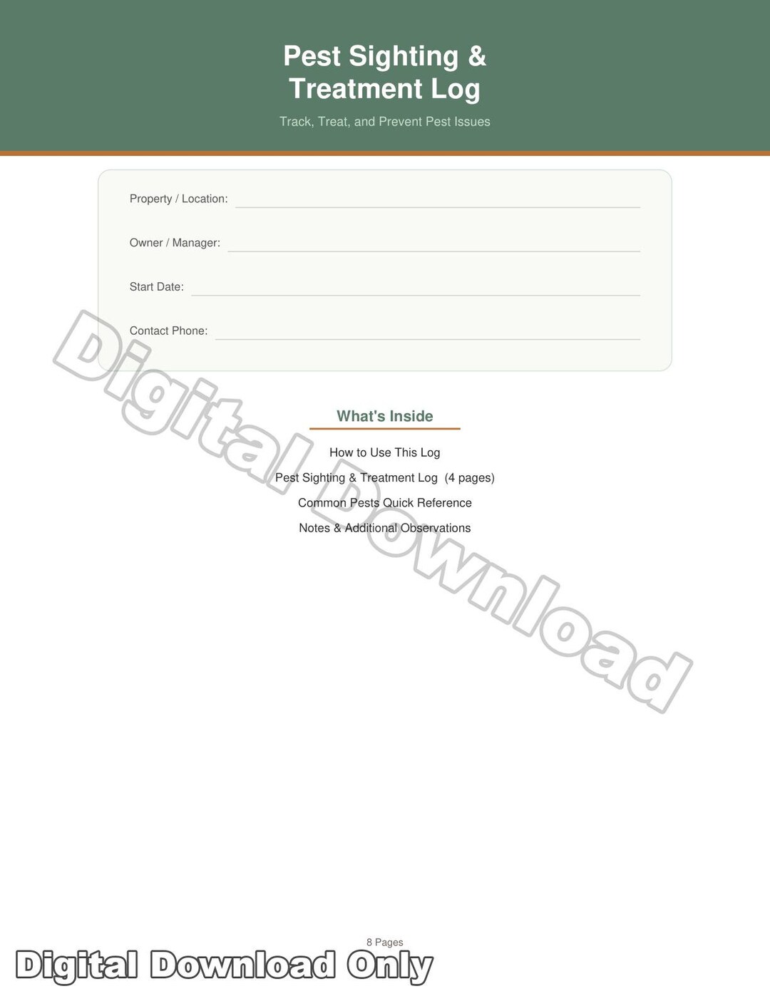 Pest Sighting and Treatment Log | Printable Pest Control Tracker for ...