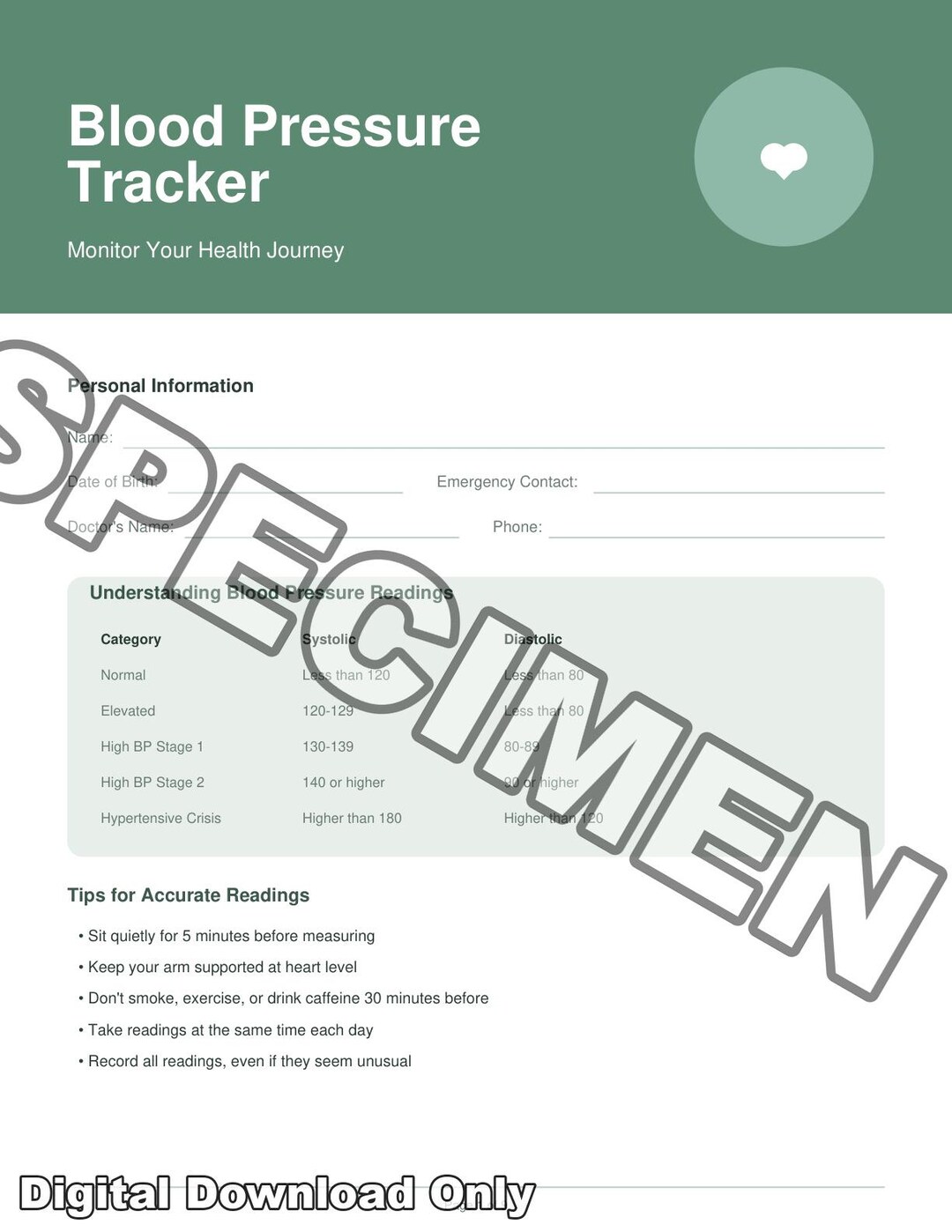 Blood Pressure Tracker Printable PDF | Health Log Journal ...