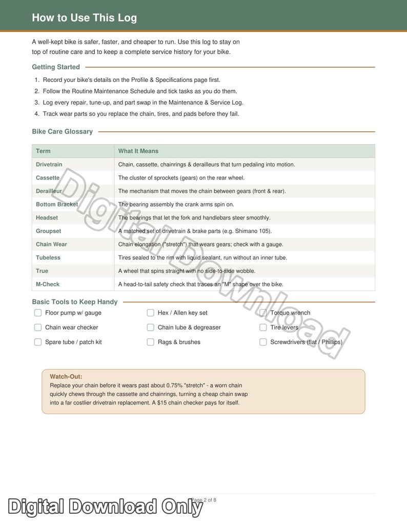 Bicycle Maintenance Log Printable, Bike Service Tracker PDF, Routine ...