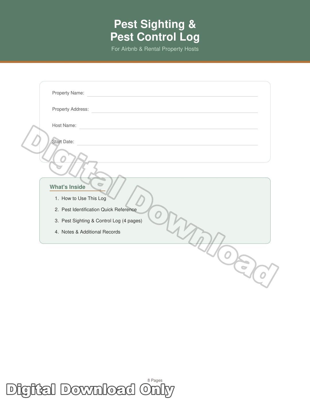 Airbnb Pest Control Log Printable | Rental Property Management Tracker ...