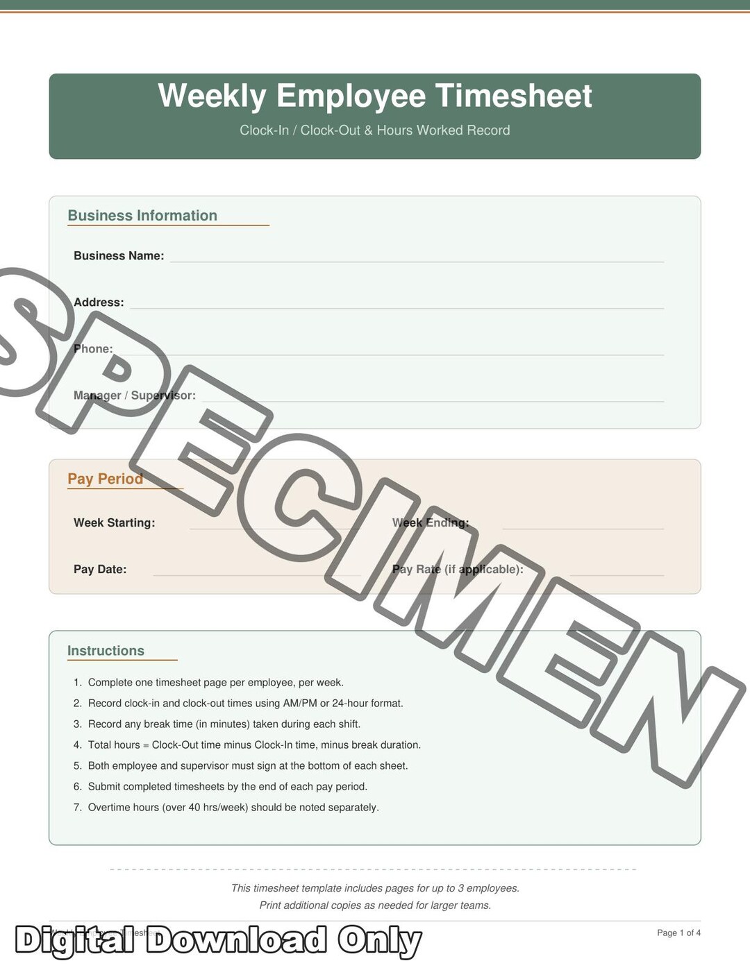 Weekly Employee Timesheet PDF Printable | Small Business Payroll ...