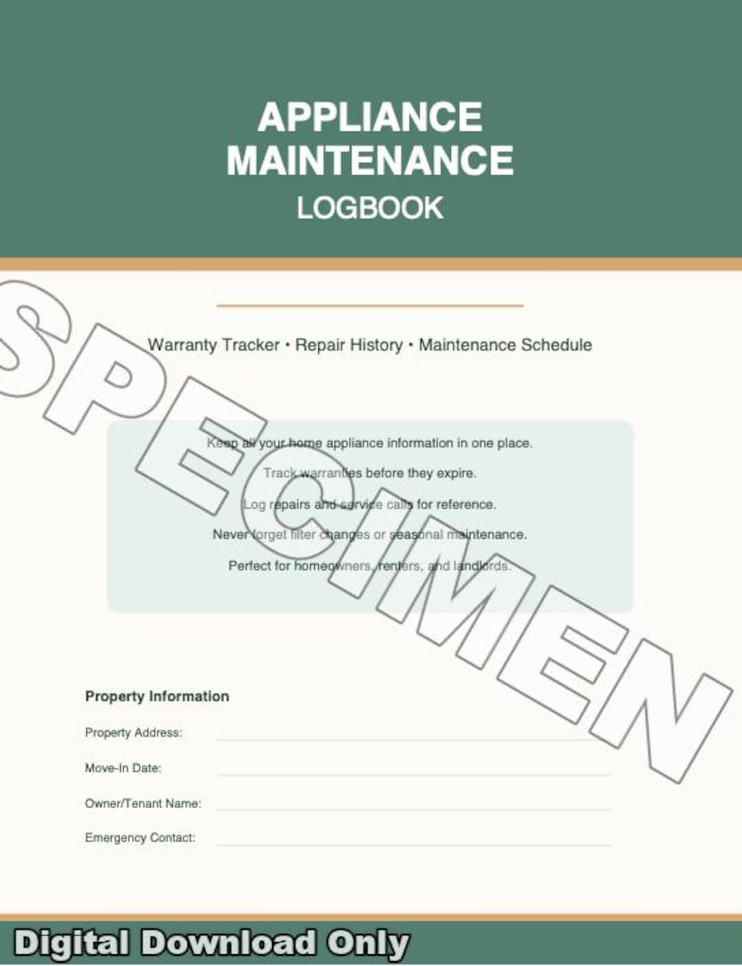 Appliance Maintenance Logbook Printable PDF | Warranty Tracker, Repair ...