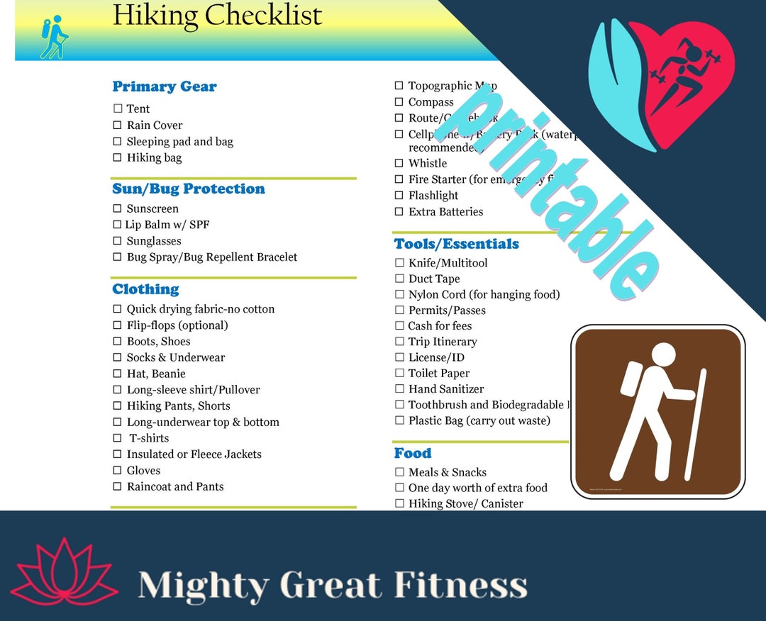 Hiking Checklist, What to Pack, Preparedness List, Printable, Hiking ...