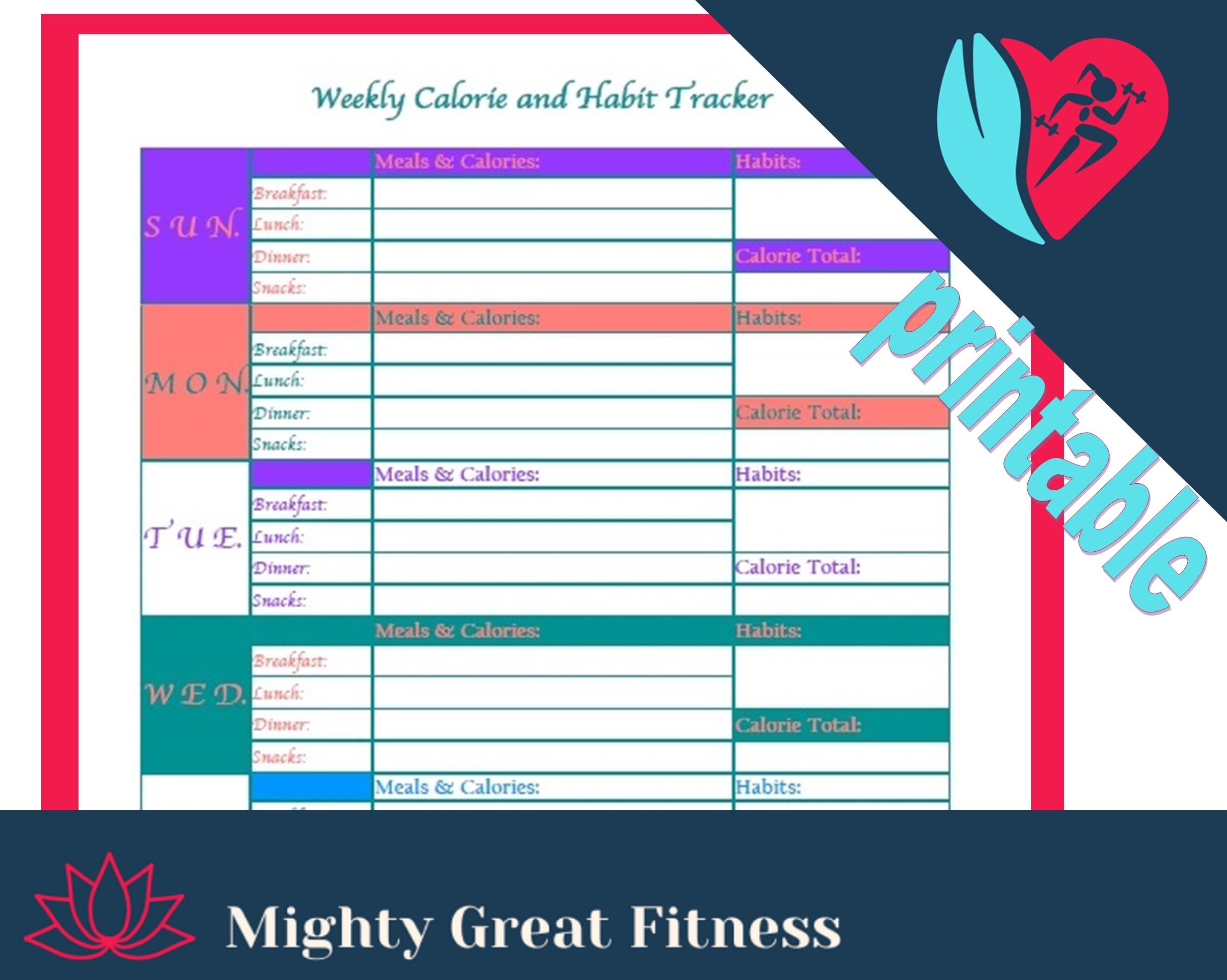 Weekly Calorie Tracker, Printable, Meal Tracker, Counting Calories - Etsy