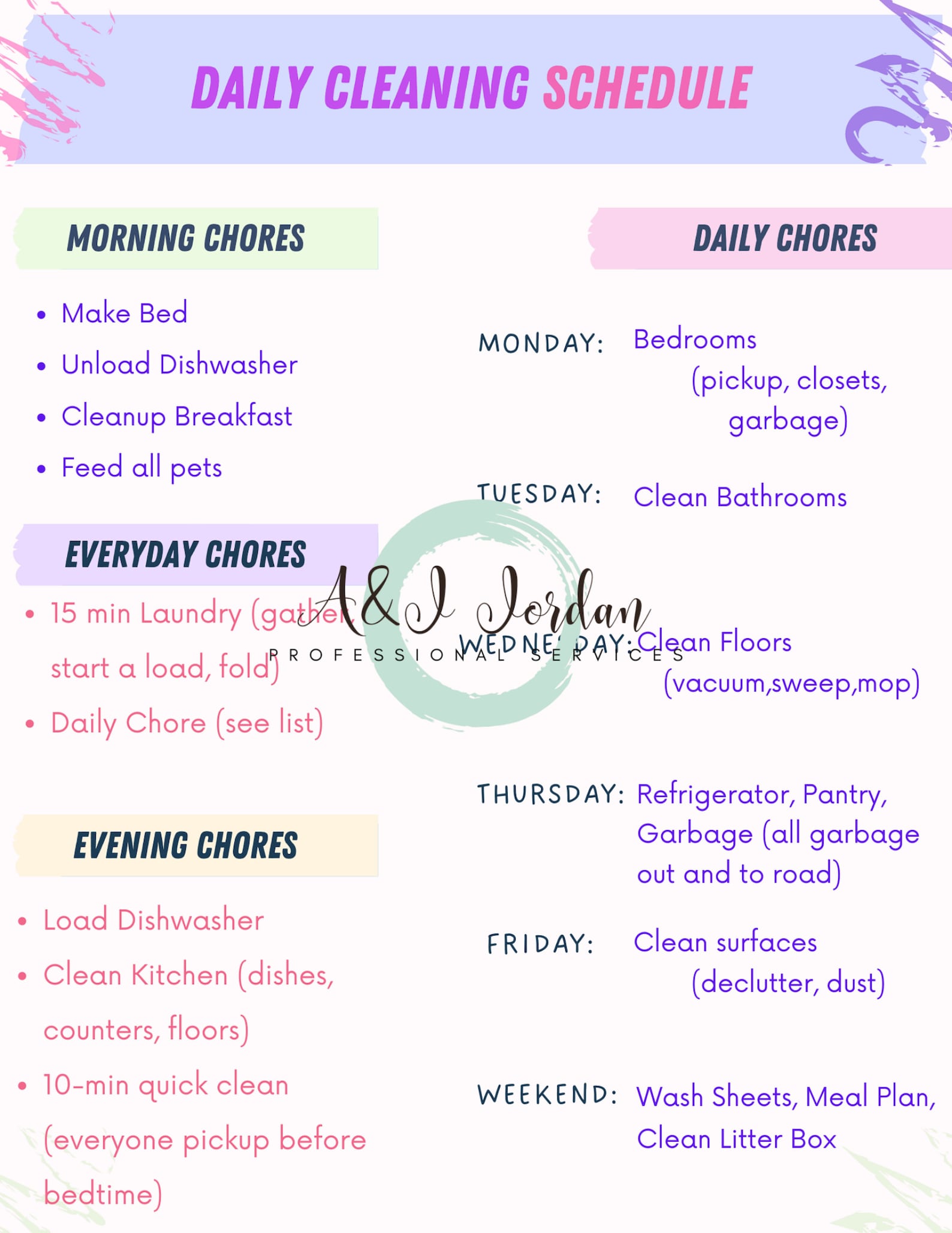 Printable Daily Cleaning List. Chore Chart, Printable Chore Chart ...