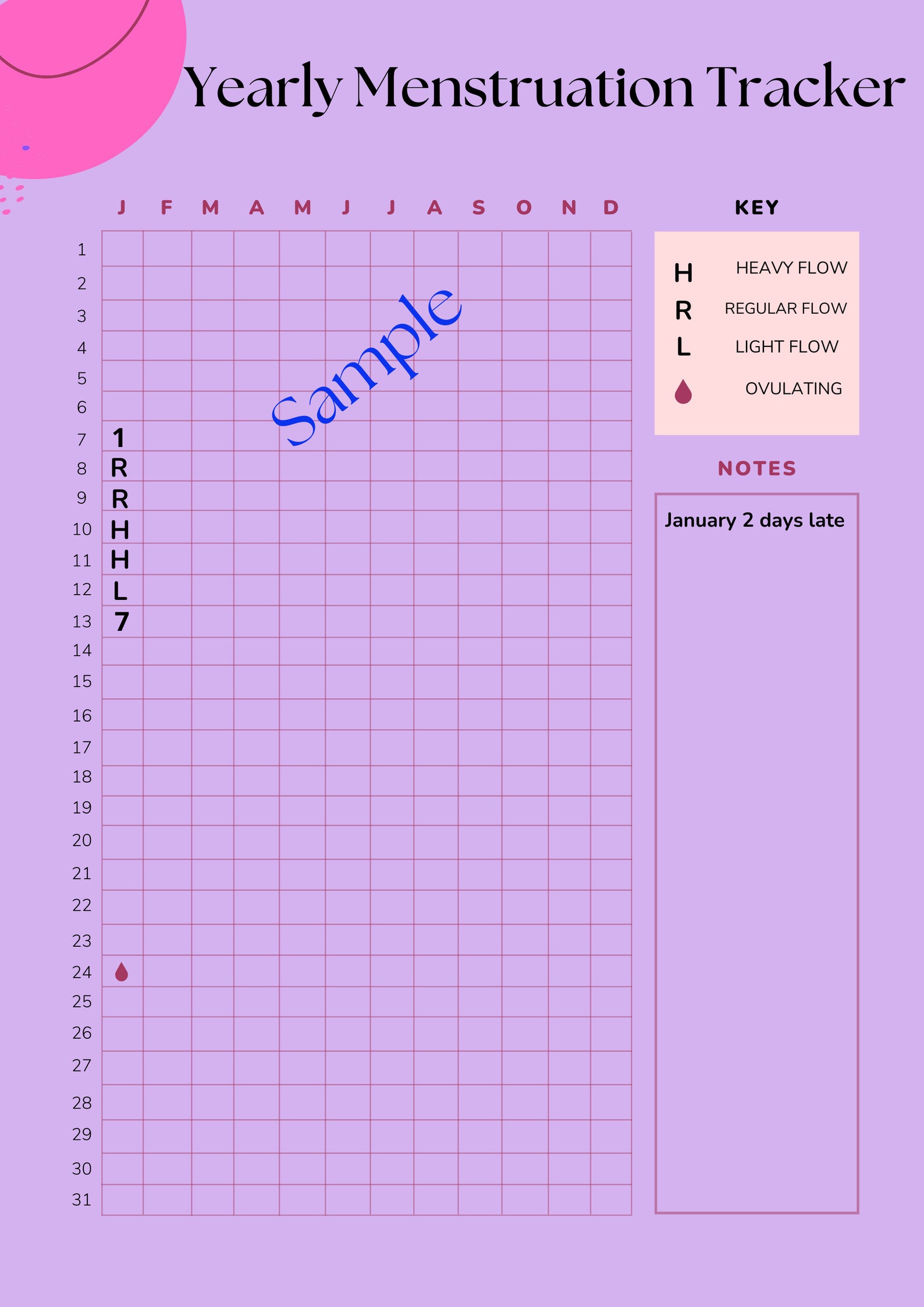 Printable Yearly Period Tracker, Menstrual Cycle, Monthly Periods ...