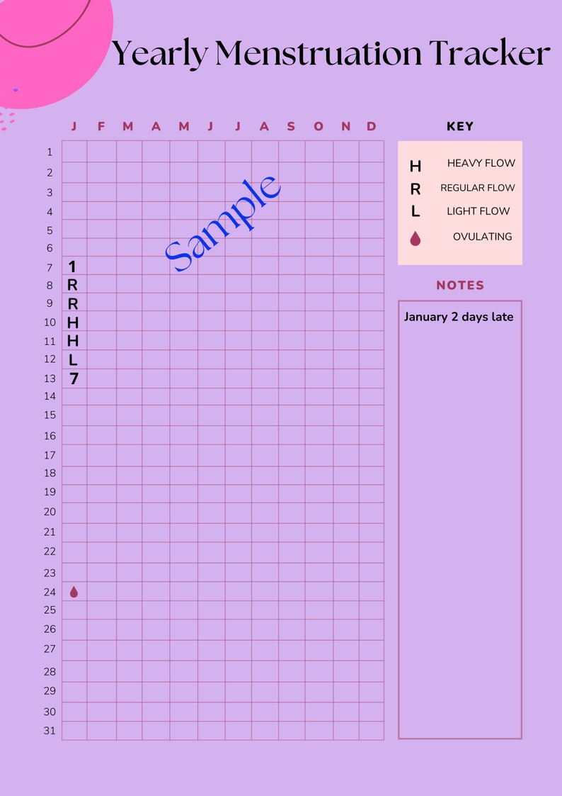 Printable Yearly Period Tracker, Menstrual Cycle, Monthly Periods ...