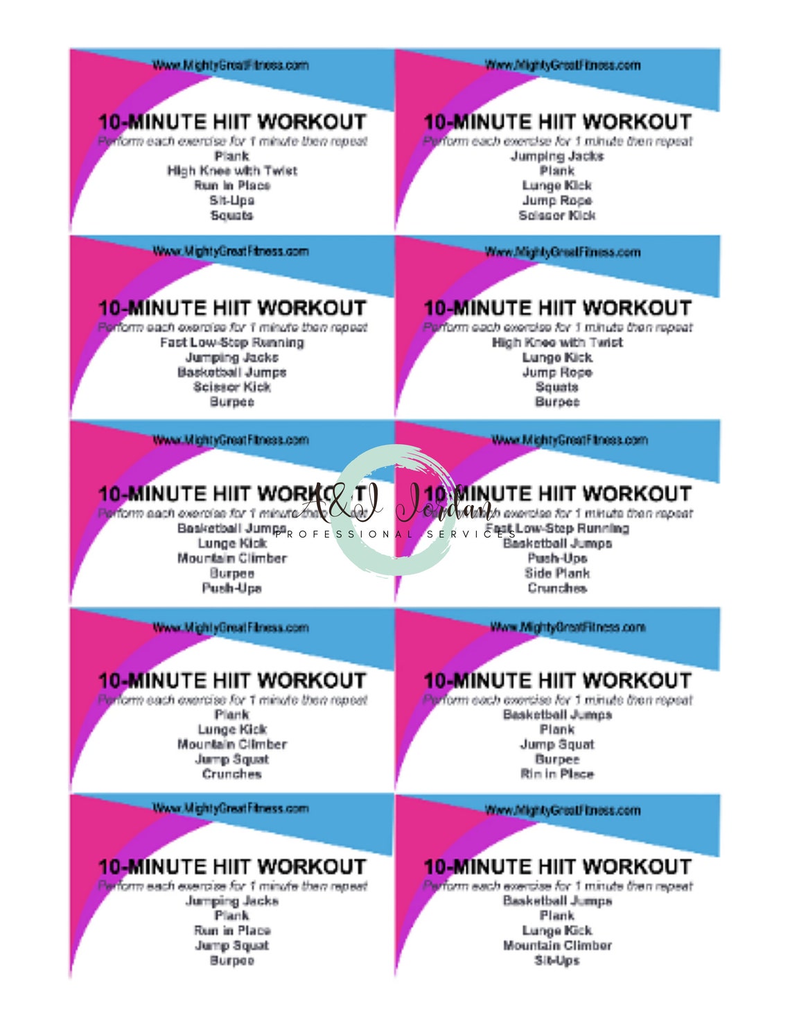 10 Minute HIIT Workout Cards, High Intensity Interval Training ...