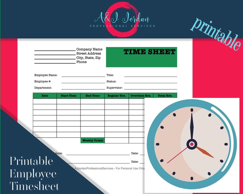 Employee Timesheet. Printable Timesheet. Time Card. Time Tracker. Work ...