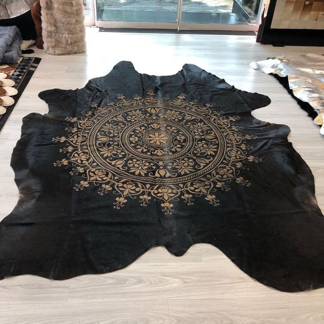 Black Real Cowskin, Decor Carpet, Laser Pattern, Large Cow Skin Rug for ...