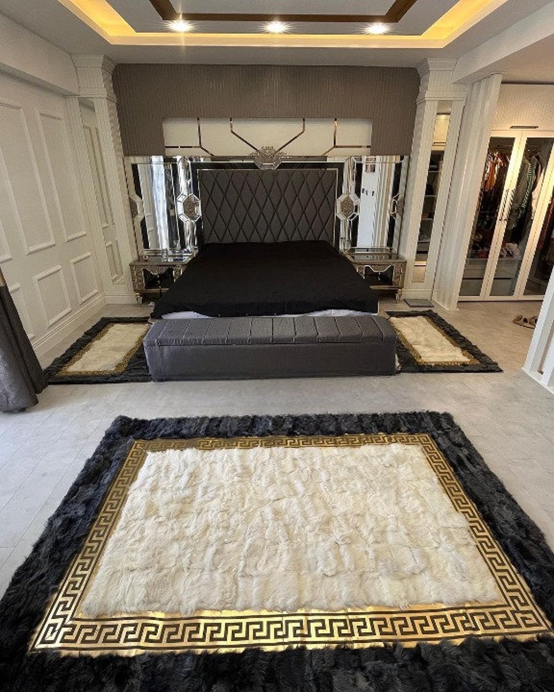 Natural Soft Shaggy White Gray Gold Sheepskin Fur Rug for Bedroom ...