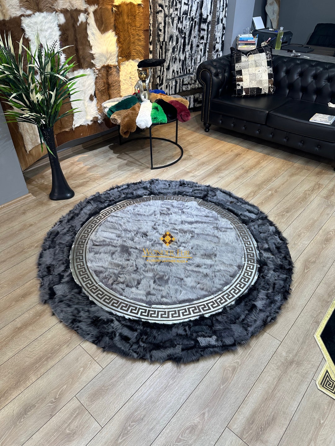 Handmade Round Sheepskin Patchwork Rug, Gray Large Sheepskin Patchwork ...