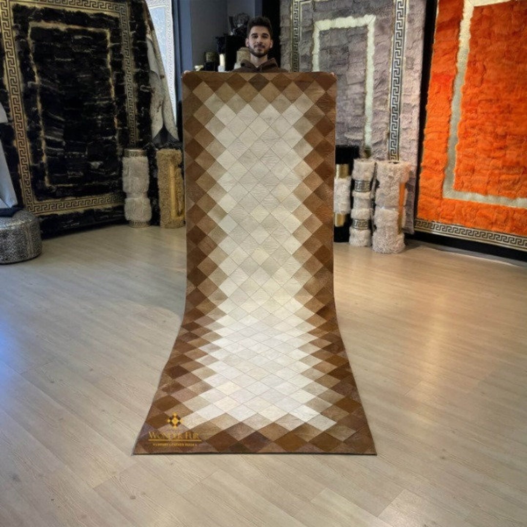 Geometric Brown Cowhide Runner Rug, Hair-on-leather Patchwork, Circle ...