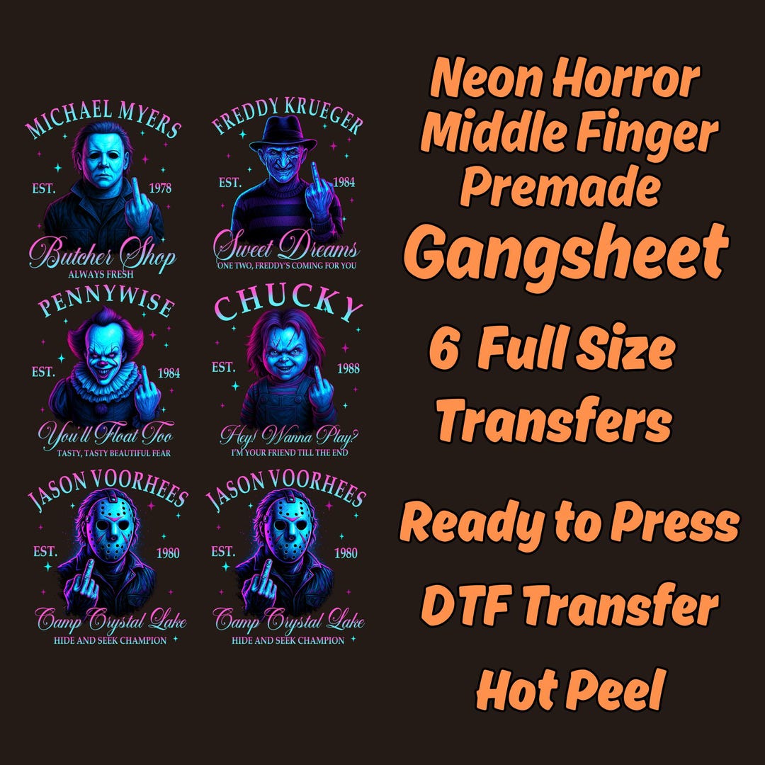 Neon Horror Middle Finger Characters DTF Transfers, Neon Color ...